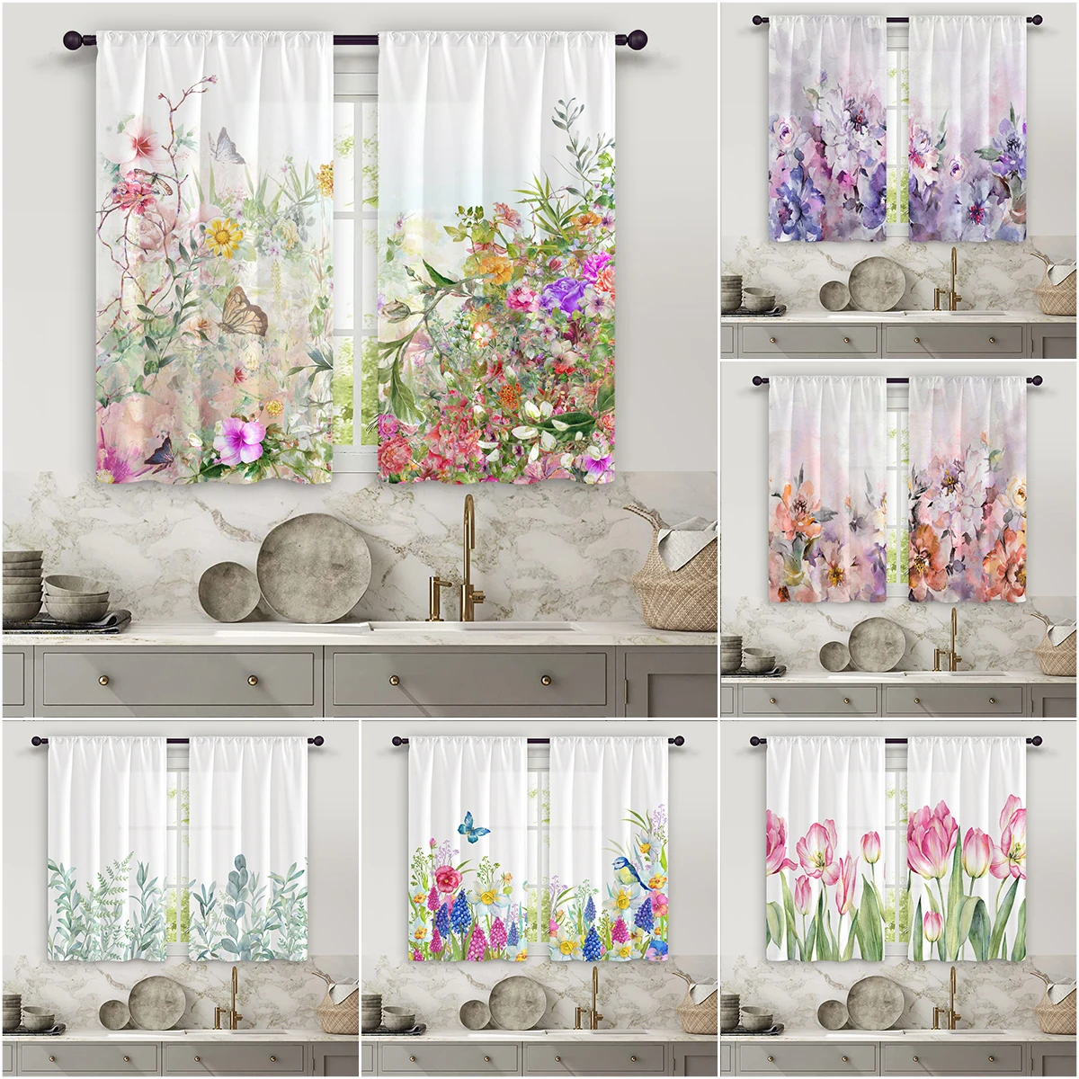Watercolors-Flowers-3D-Digital-Printing-Curtain-Kitchen-Window-Curtains ...