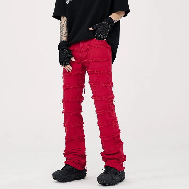 Streetwear-Red-and-White-Jeans-Men-s-Slim-Fit-Broken-Panel-Pleated-Hip ...