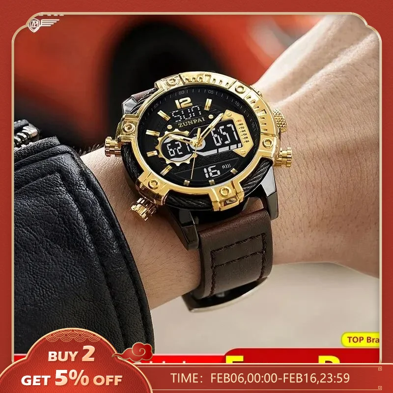 ZUNPAI-Rel-gio-masculino-de-couro-esportivo-quartzo-LED-rel-gio-digital-imperme-vel-militar ...