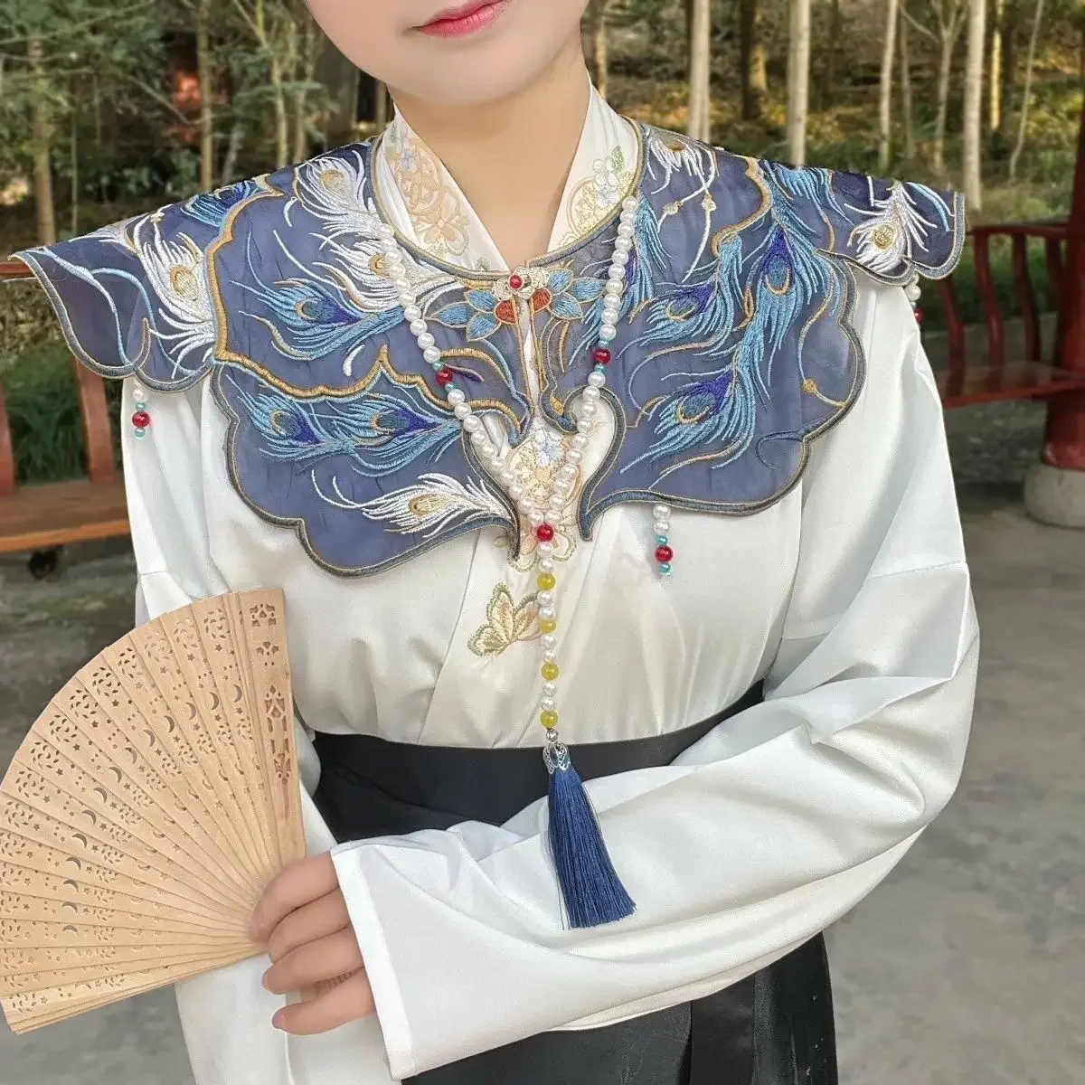 Chinese Style Peacock Blue Hanfu Dress Cloud Shoulder Academic Suit ...