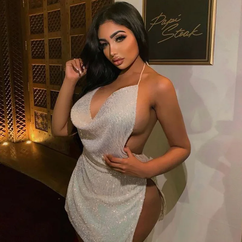 090 Solid Color Fashion Sequins Halterneck Bodycon Strap Sexy Backless