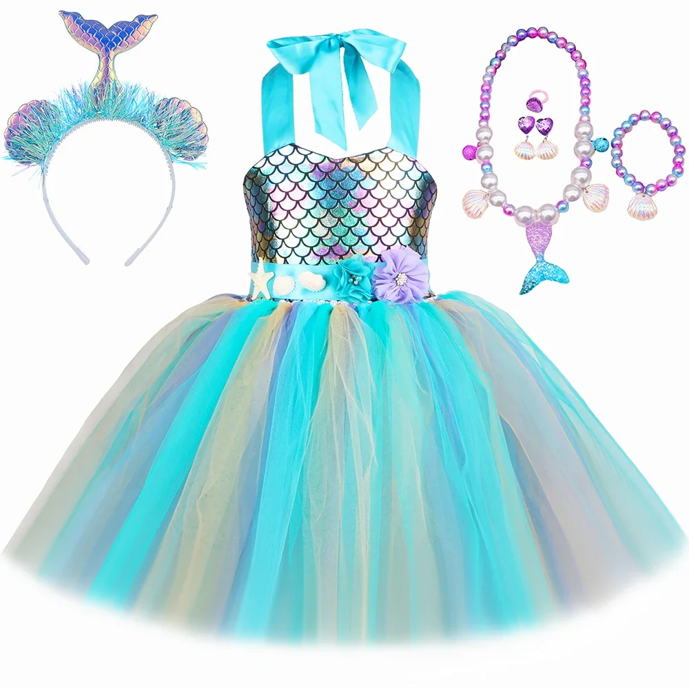 Girls Mermaid Costume Fish Scale Flowers Little Mermaid Princess Tutu ...