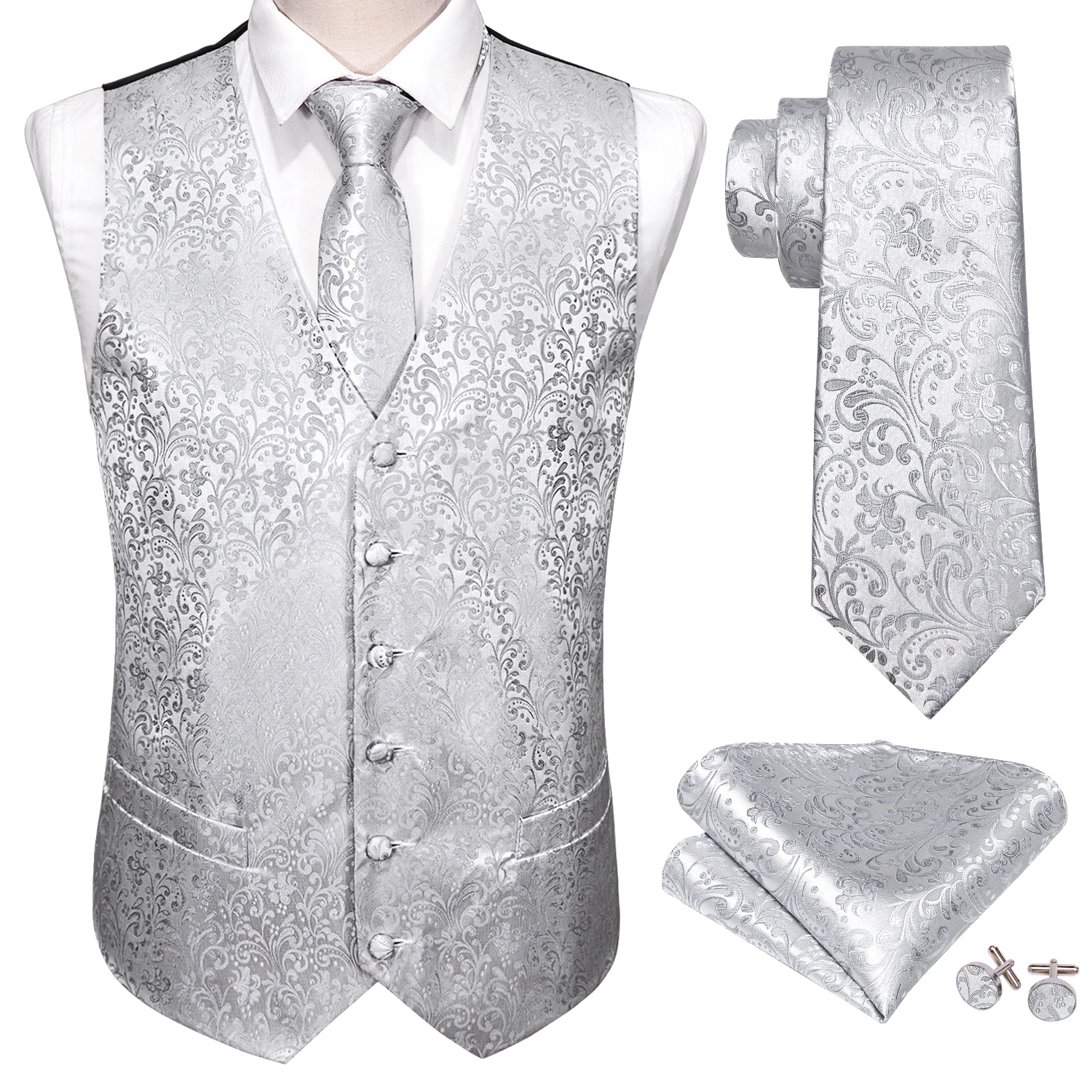 Nova Prata Dos Homens Terno De Casamento Colete Floral Jacquard Folral ...