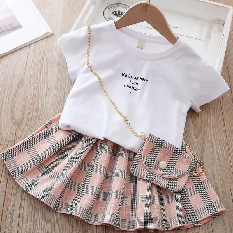Fashion-Baby-Girls-Summer-Clothes-Suit-Letters-T-shirt-Plaid-Skirt-With ...
