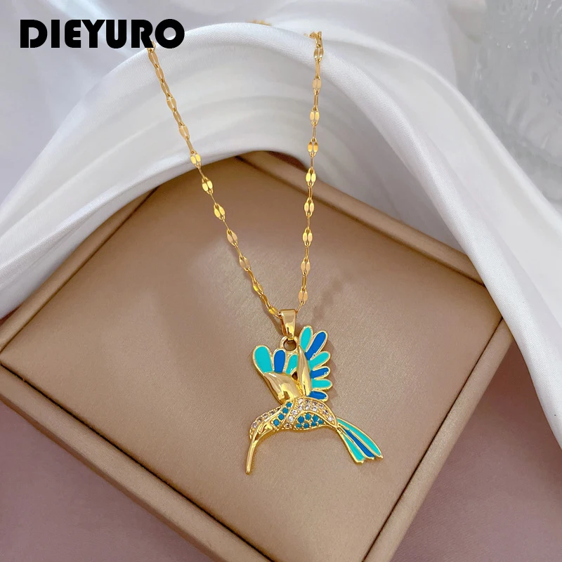 DIEYURO-316L-Stainless-Steel-Blue-Hummingbird-Bird-Pendant-Necklace-For ...