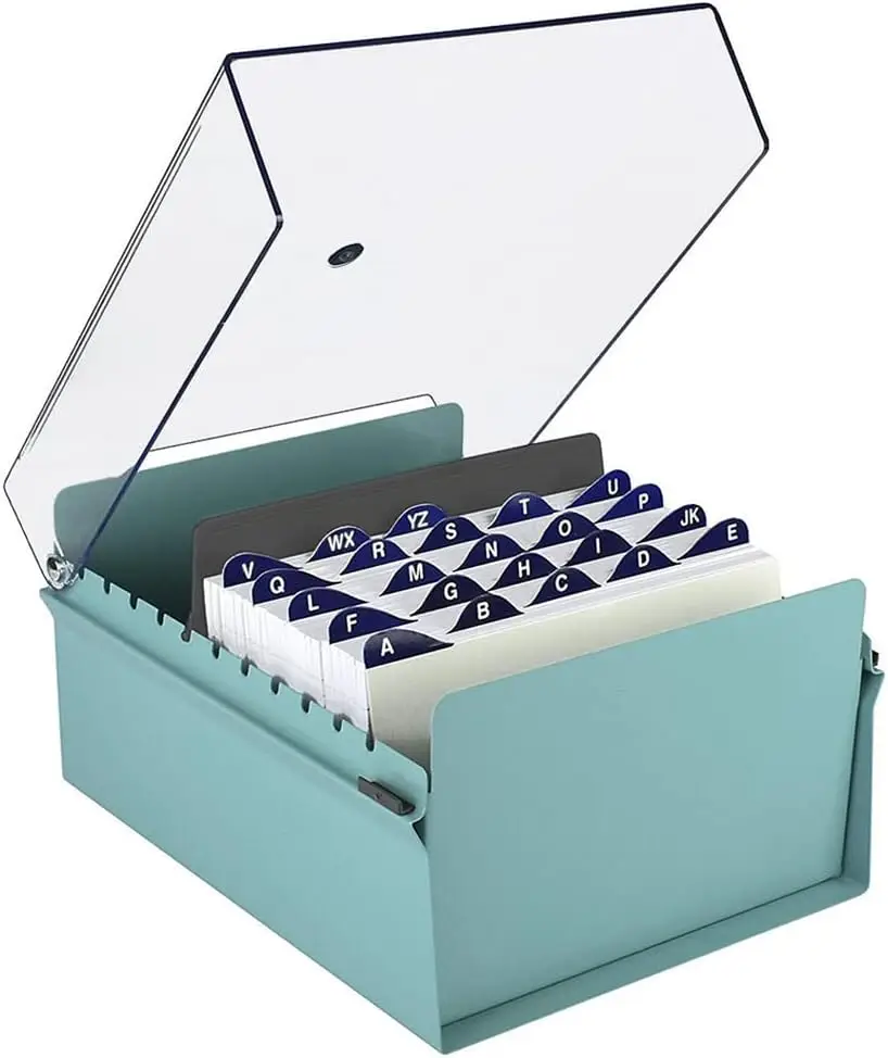 5x8 Card File Holder with Metal Base, Clear Lid & Alphabetical Dividers ...
