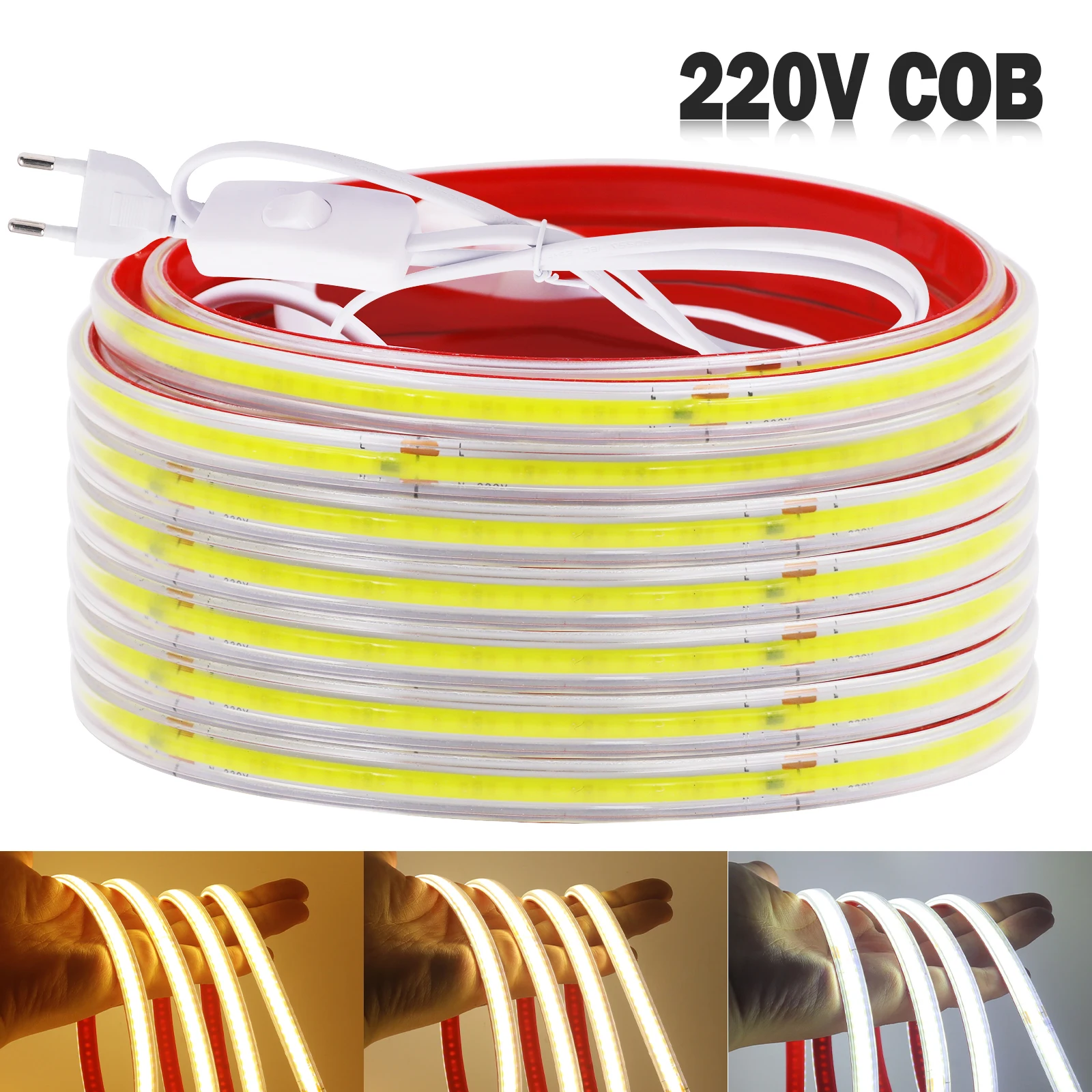220V COB Led Strip With OFF/ON Switch 240LEDs/m High Brightness Led ...