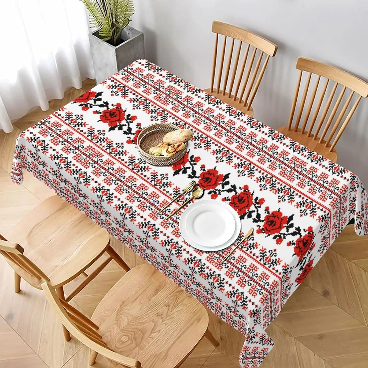 Ukrainian embroidery style rectangular table with rose tablecloth, oil ...