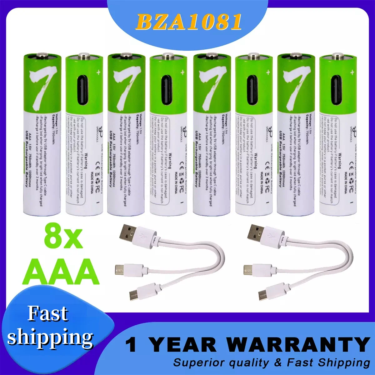 1.5V AAA USB Rechargeable Batteries 750mWh Li-ion Battery Type-C Cable ...
