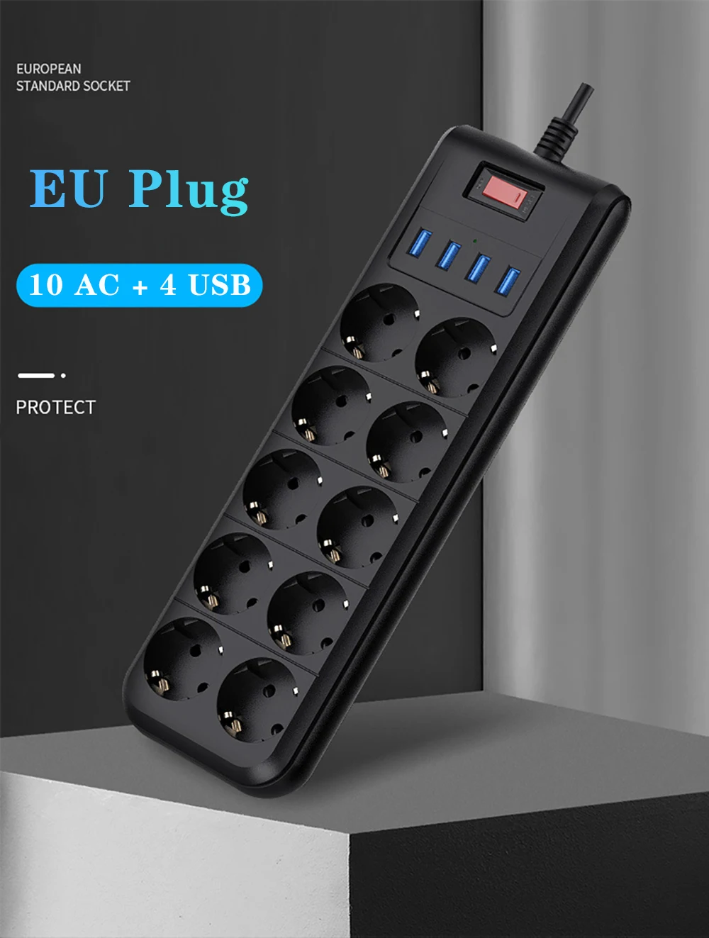 Bouchon UE - Noir - Multiprise ue 4000W, cordon'extension, 10 prises ...