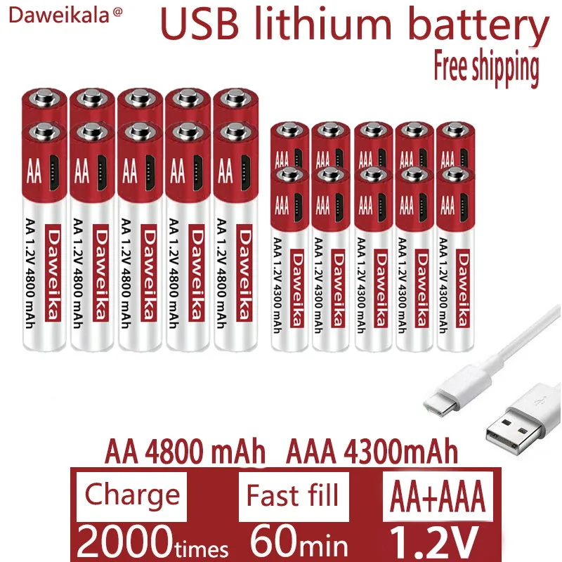 AA + AAA USB charging 1.2V AA 4800mAh rechargeable lithium battery ...