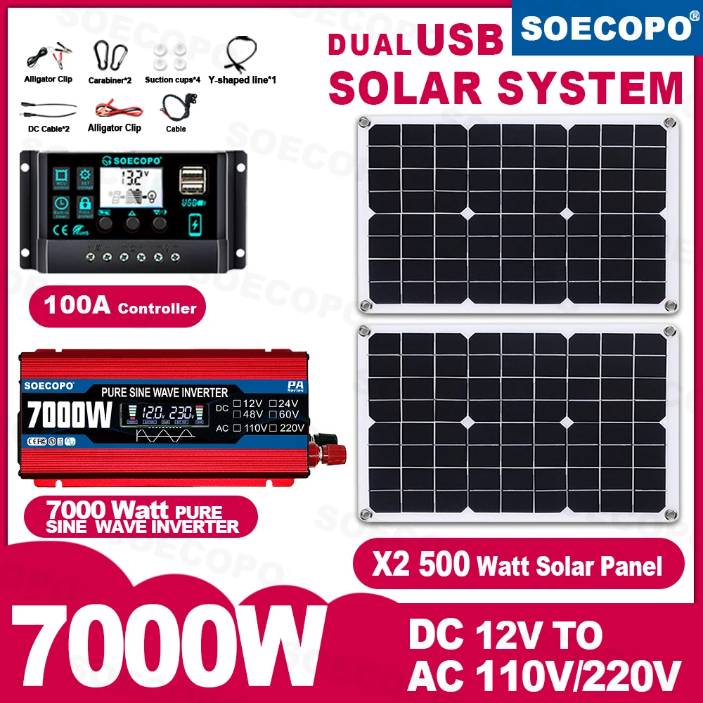 SOECOPO 7000W Portable Solar System Kit 12V Pure Wave Inverter 2*500W ...