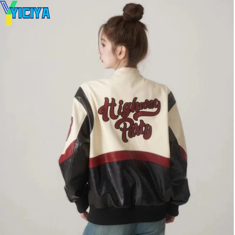 Yiciya Bomber Woman Varsity Jacket Pu Leather Racing Oversize Black ...