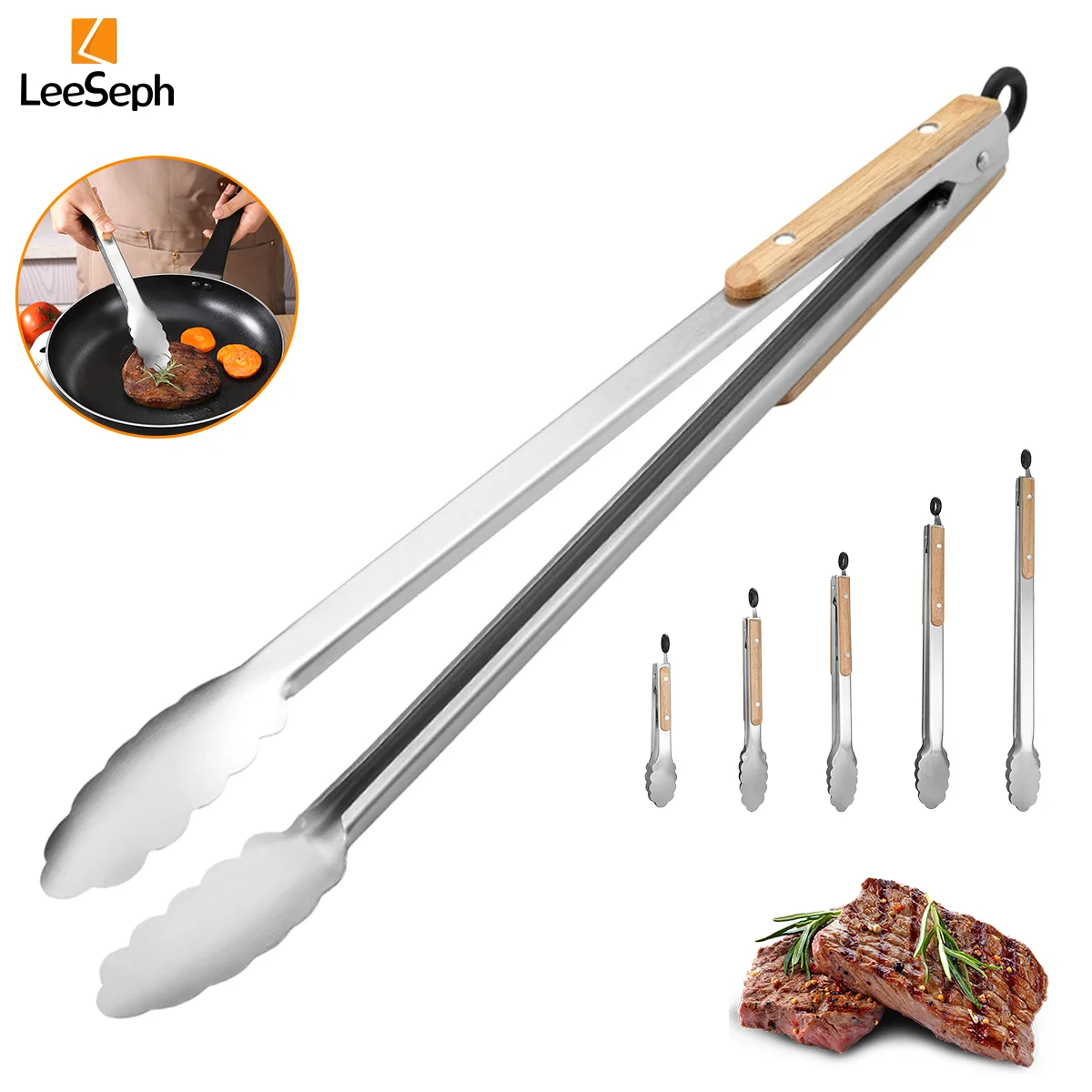 Stainless Steel Cooking Tong with Oak Handle, Barbecue Tong Salad Tong ...