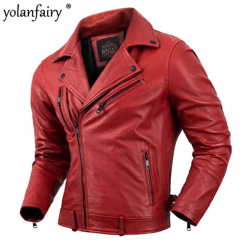 Red Motorcycle Leather Jacket Men's Genuine Leather Jacket Male Slim Natural Sheepskin Coat ...