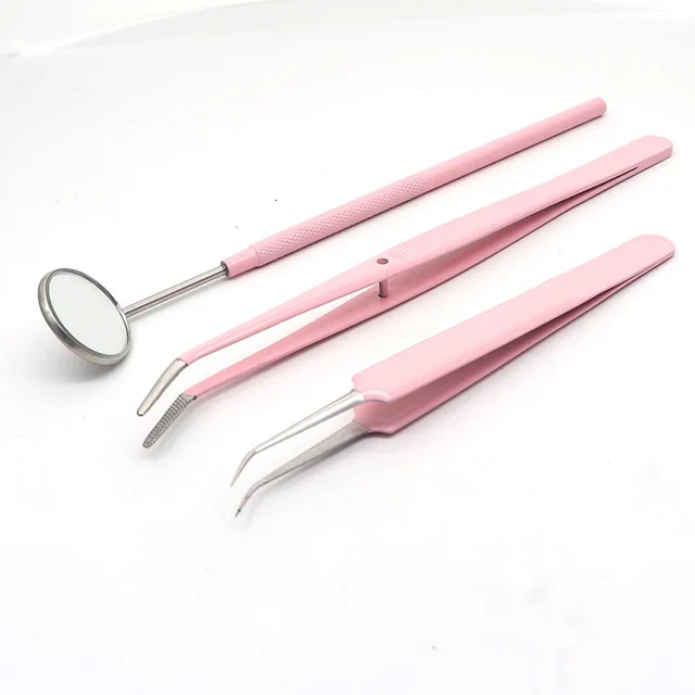 3pcs Dental Probe Mouth Mirror Tweezers Stainless Steel Pink Color ...