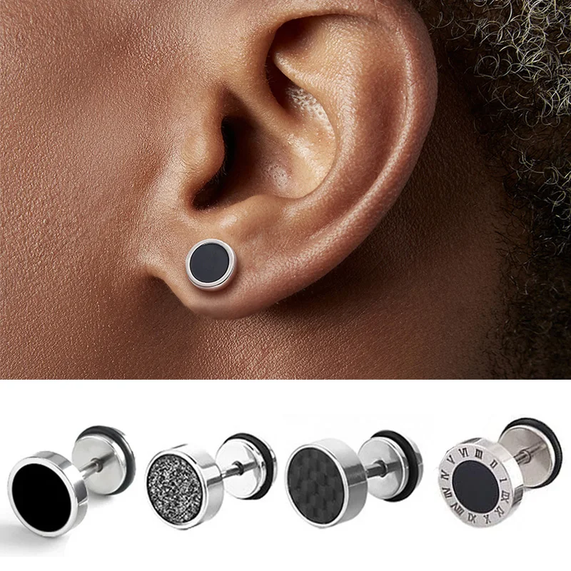 1-Pair-Titanium-Steel-Round-Black-Oil-Drip-Stud-Earrings-For-Men-Korean ...