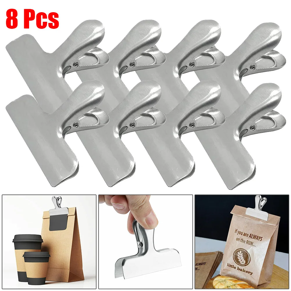 8pcs/Set Metal Chip Bag Clips Stainless Steel Home Kitchen Food Snack ...