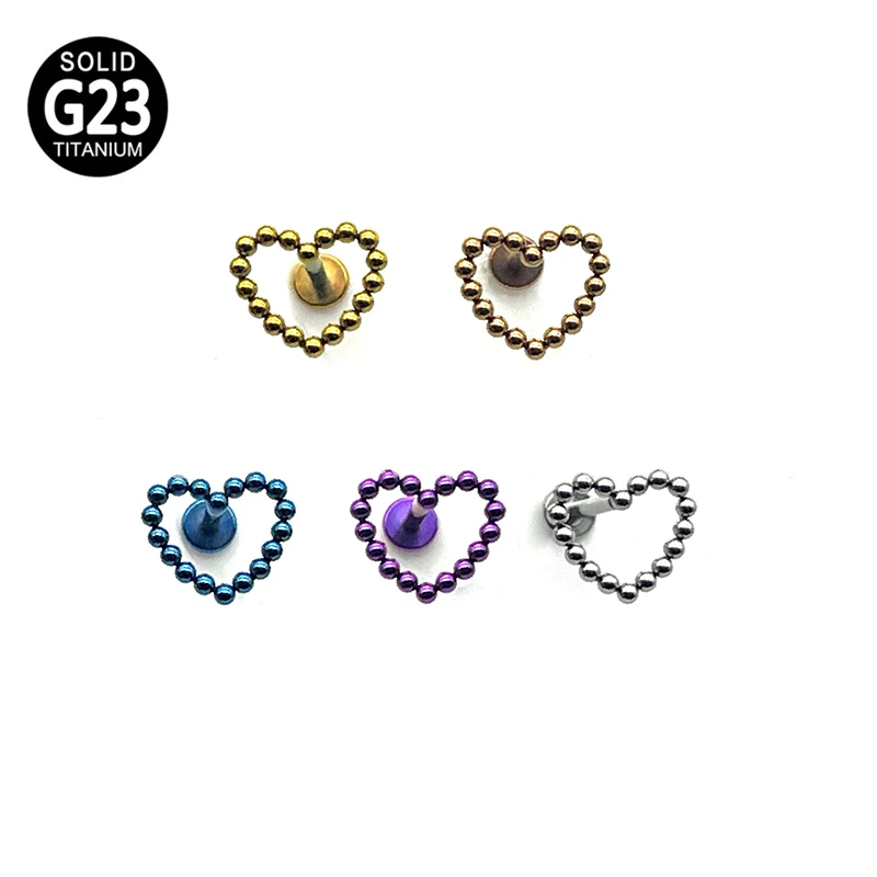 1 piezas g23 titanium anodizado y corazón labret stud piercing labio anillo tragus pendiente ...