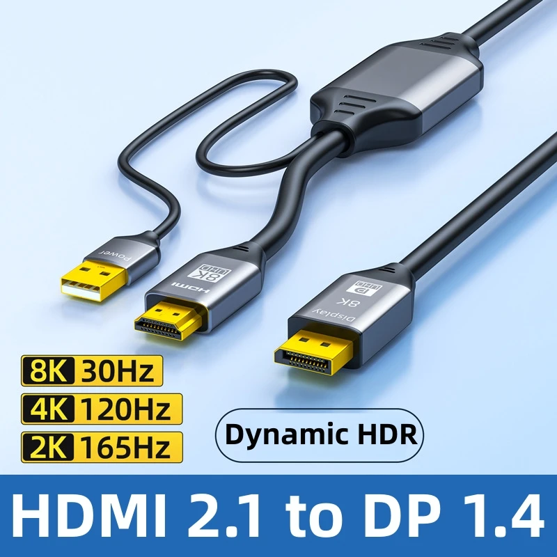 HDMI2.1 to DP1.4 변환 케이블, HDMI-DP 칩 포함, HD 변환 어댑터 헤드