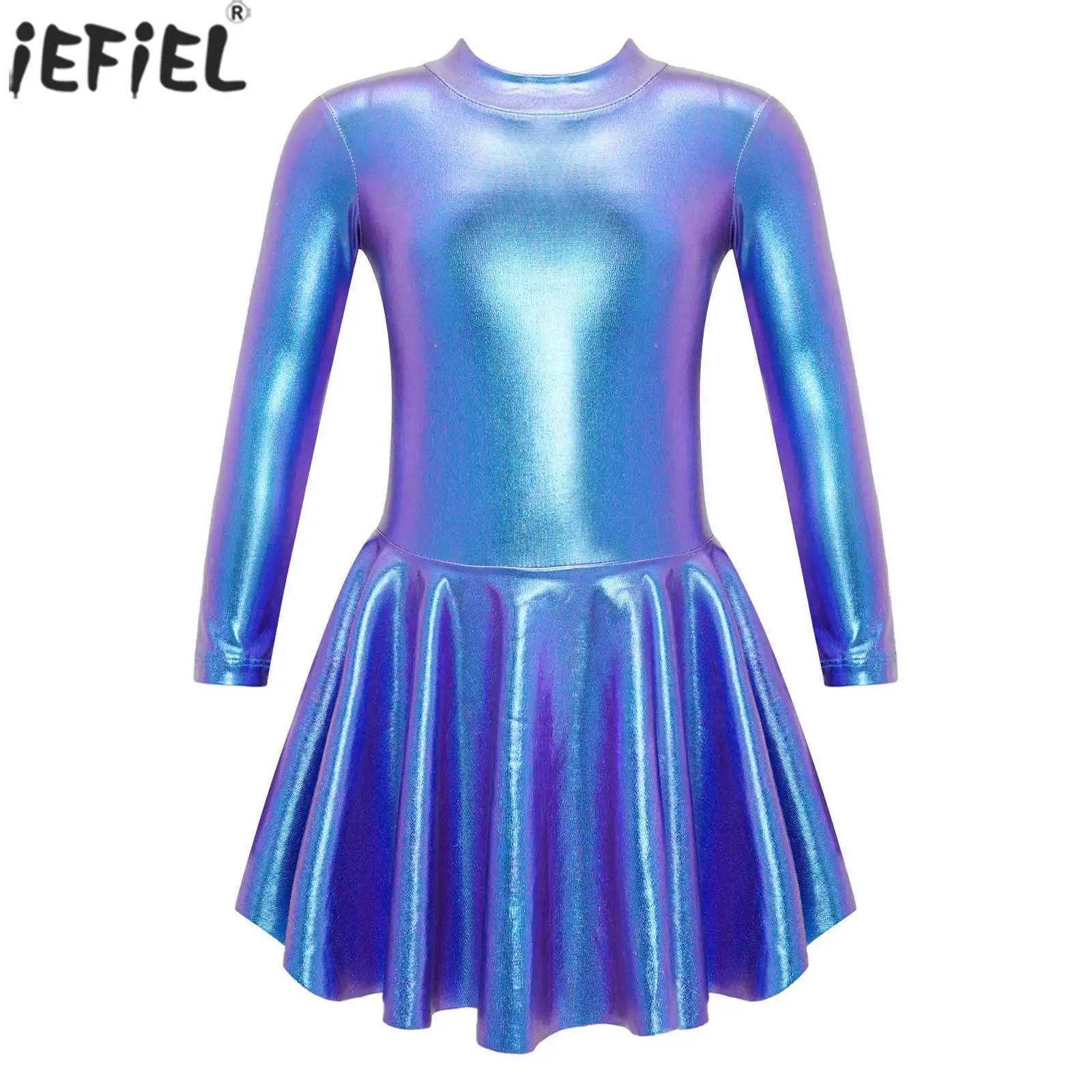 Kids-Girls-Shiny-Metallic-Long-Sleeve-Swing-Dress-Ballet-Dance-Ballroom ...