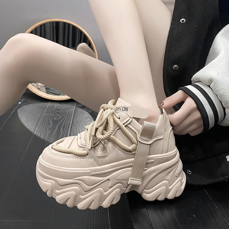 Women Walking Sneakers Autumn Lace-up High Platform Chunky Shoes ...