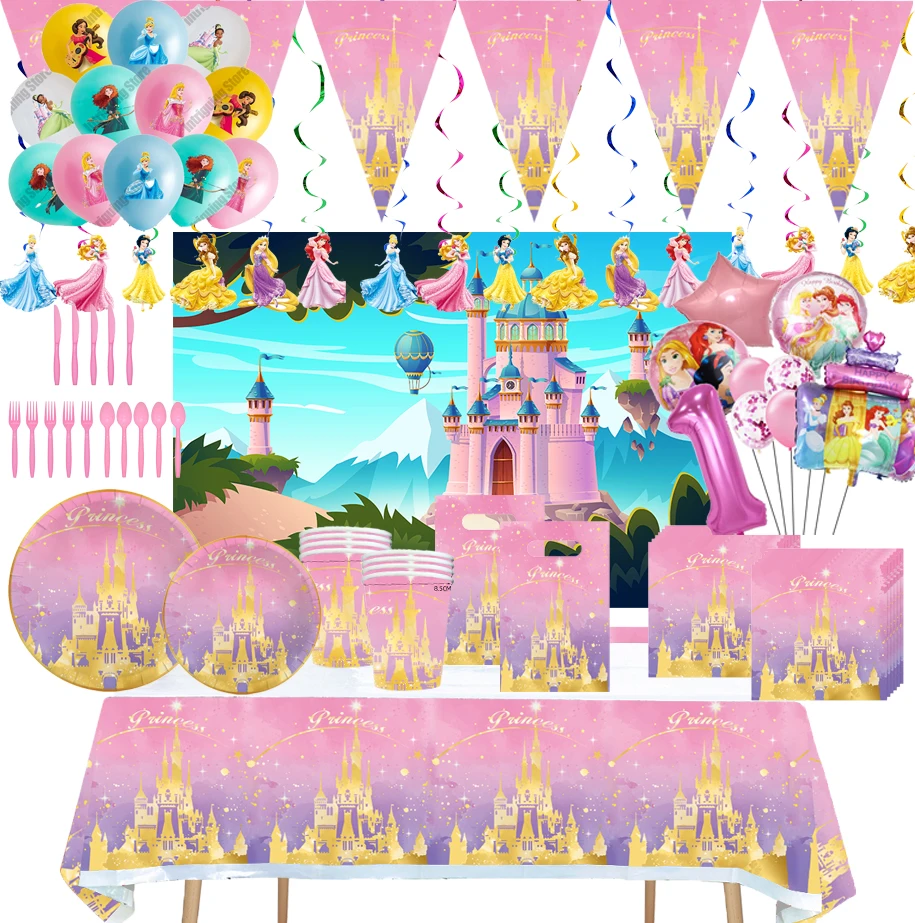 Disney-Princess-Castle-rosa-suministros-para-fiesta-de-cumplea-os-platos-servilletas-mantel-para ...