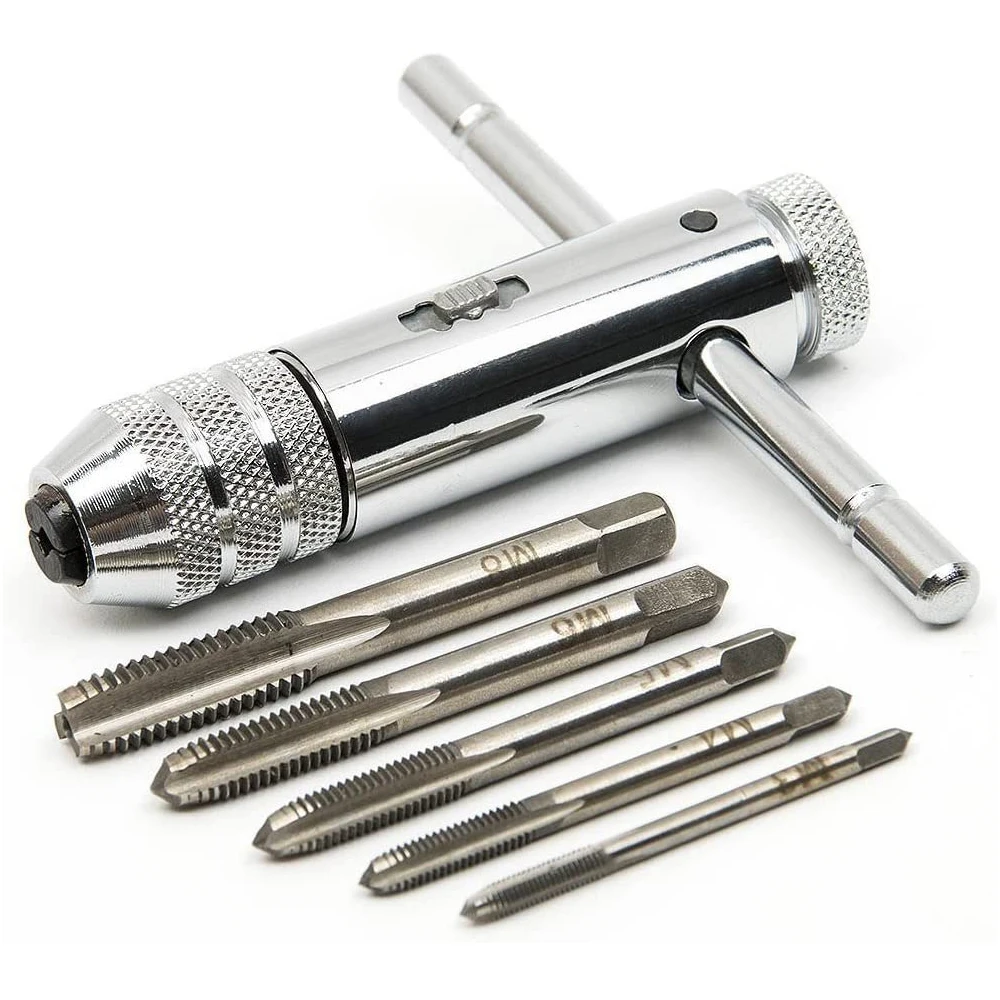 Adjustable-Silver-T-Handle-Ratchet-Tap-Holder-Wrench-with-5pcs-M3-M8 ...