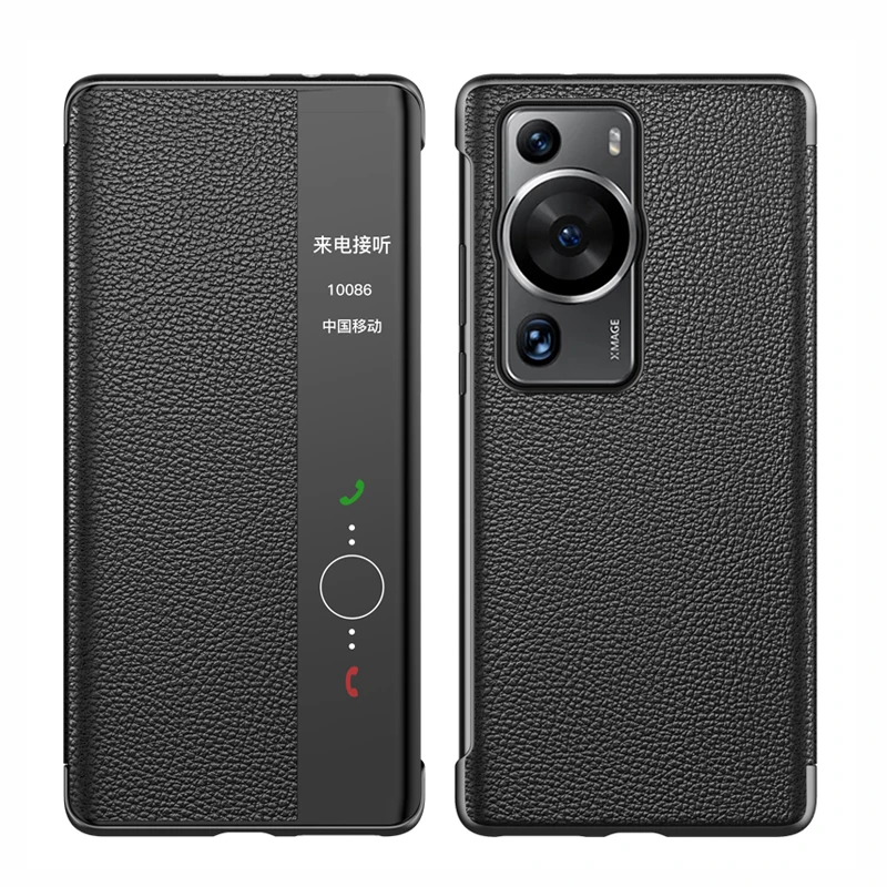 For-Huawei-P60-Pro-Genuine-Leather-Flip-Cover-Mirro-Smart-Touch-View ...
