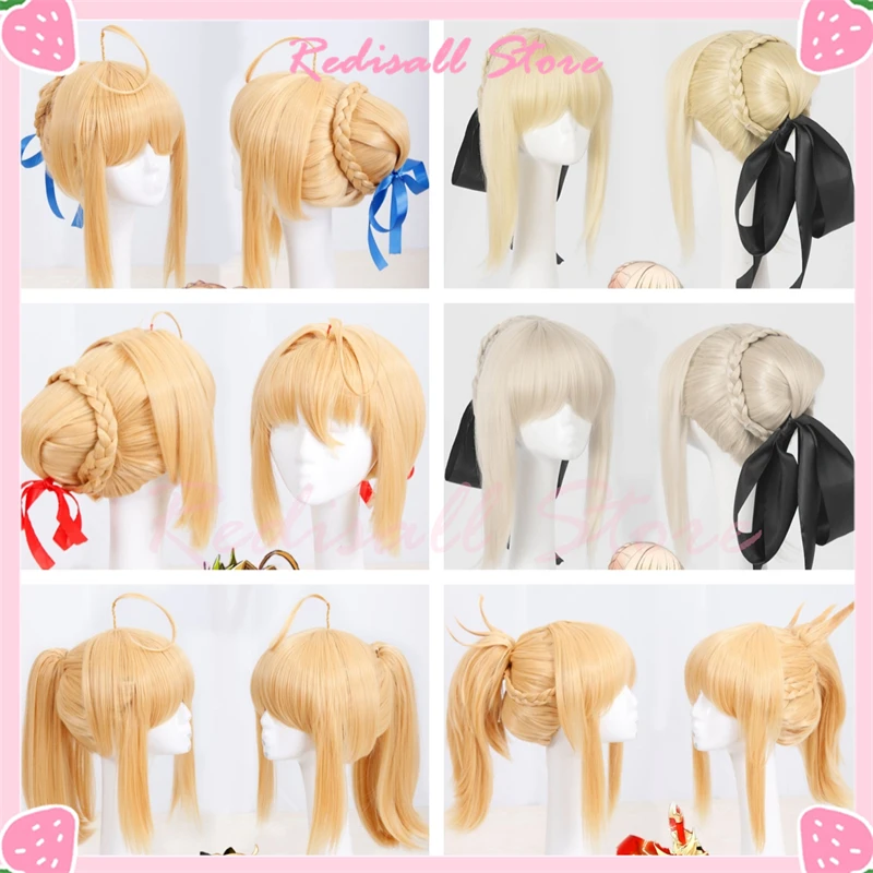 Saber-Cosplay-Wig-Golden-Braided-Bun-Ponytail-Hair-Ribbons-Updo-Fate ...