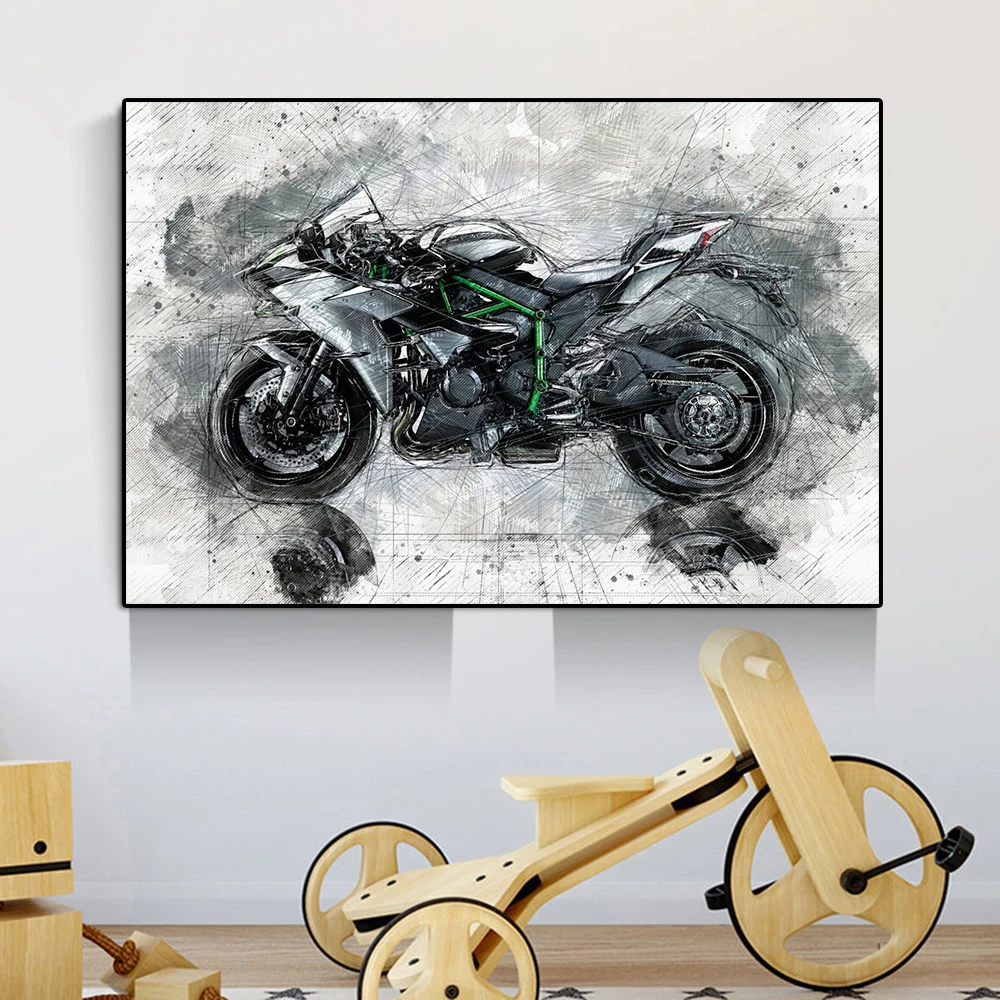 Kawasaki-Ninja-H2-Watercolor-Poster-Motorcycle-Graffiti-Canvas-Painting ...