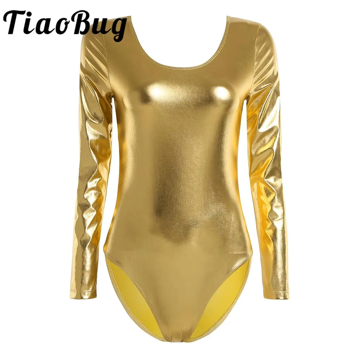 Womens Metallic Shiny Bodysuit Long Sleeves Scoop Neck Ballet Dance ...