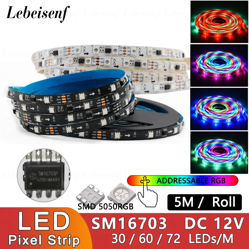 DC-12V-5M-SM17603-LED-Addressable-Pixel-Strip-30-60-144-LEDs-M-Smart-IC ...