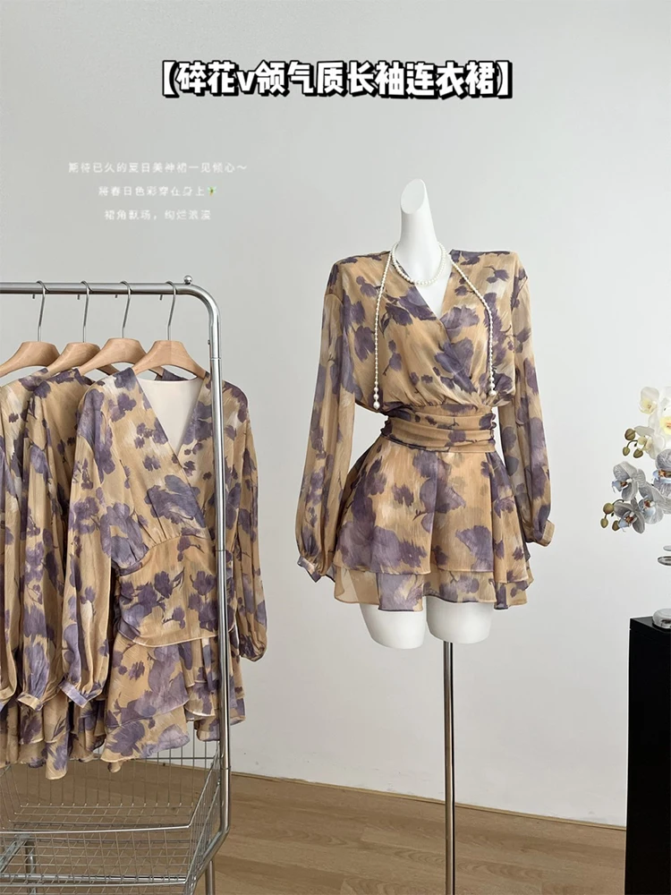 Summer Autumn French Vintage Chiffon Mini Long Sleeve Floral Dress ...