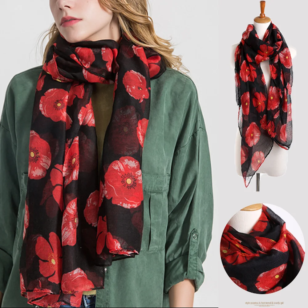 180-90cm-Poppy-Print-Scarf-Colorful-Smooth-Poppy-Floral-Shawl-Cotton ...