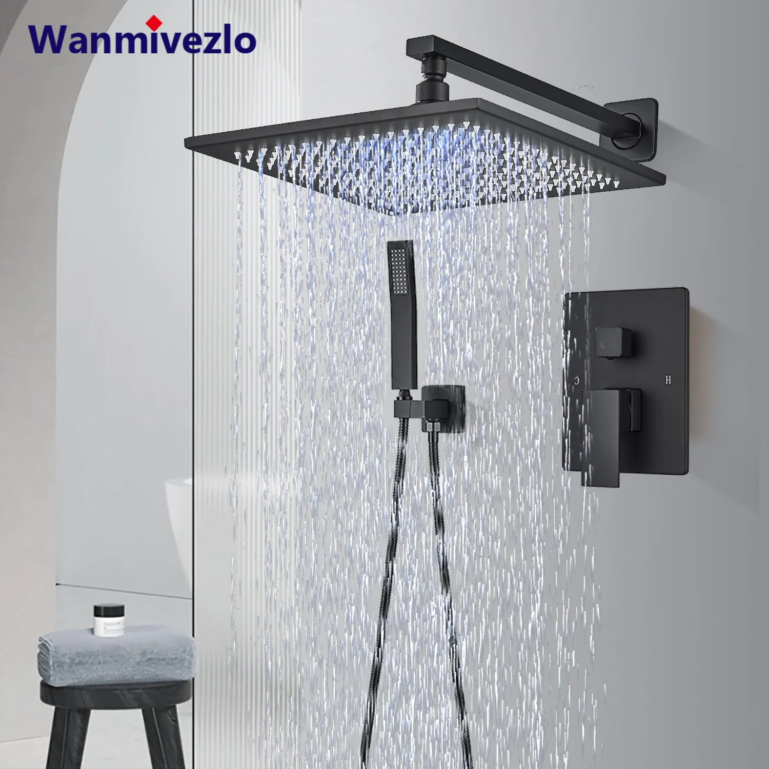 Matte Black LED Bathroom Showe Faucet Rainfall Shower Head Bath Water ...