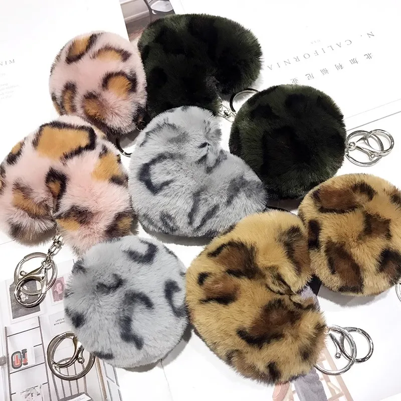 New Leopard Pompom Key Chain for Women Fake Rabbit Fur Plush Heart ...