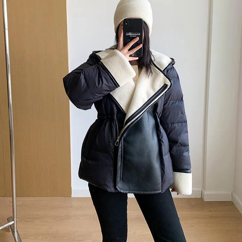 2022-winter-duck-down-Coats-suit-collar-lamb-wool-panel-loose-inclined ...