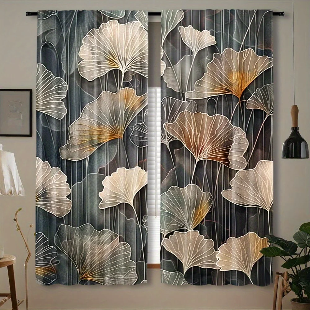 2pcs Stylish Leaf Print Curtains for Living Room, Bedroom & Balcony ...