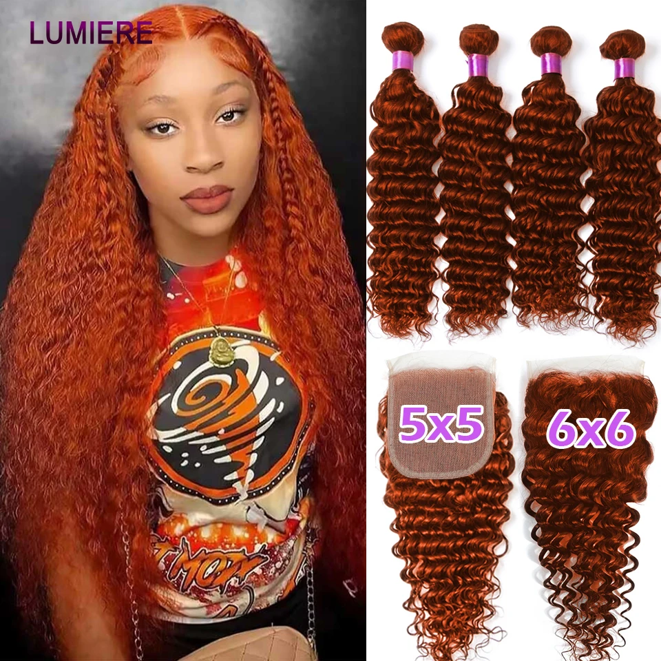 Orange Ginger Colored Deep Wave Bundles With 5x5 6x6 Hd Lace Closure ...