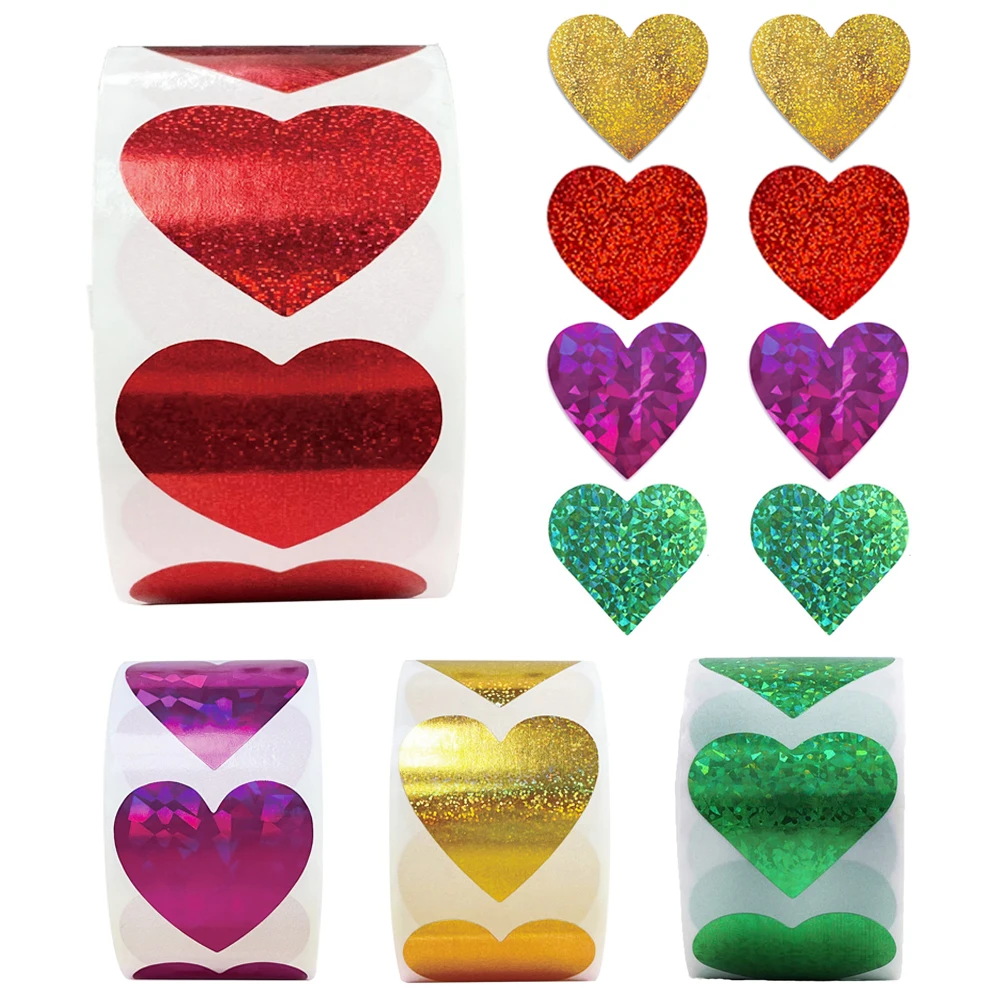 Heart-shaped-Laser-Stickers-500pcs-Holographic-Glitter-Sealing-Label ...
