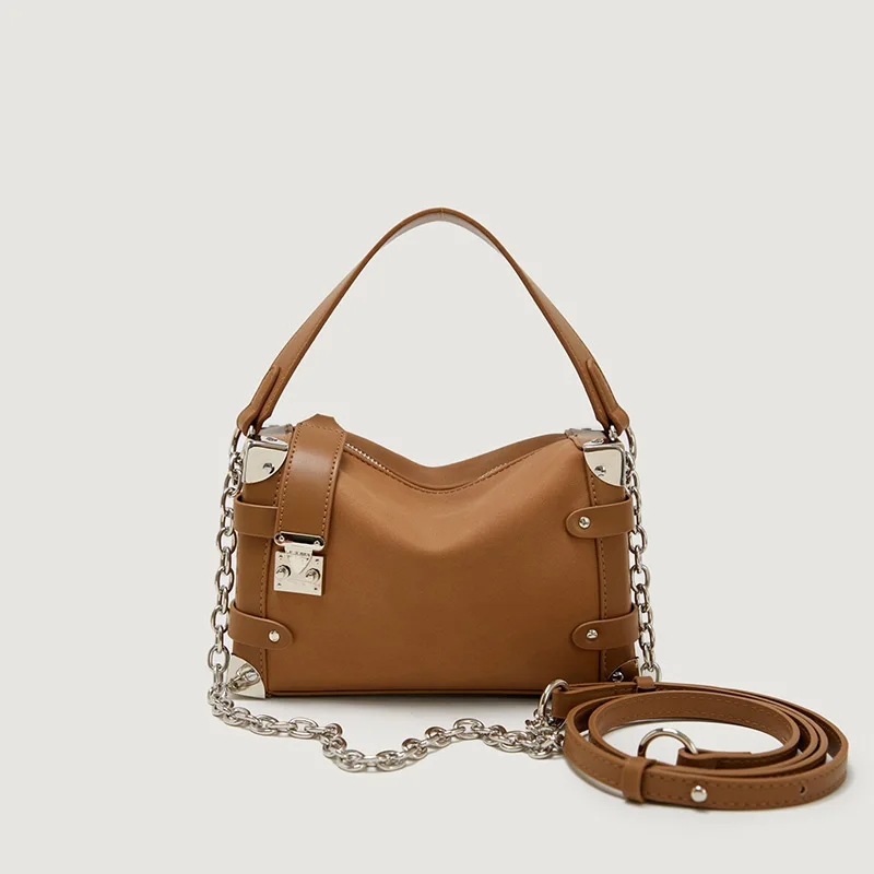 Soft-Leather-Khaki-Double-Chain-Bag-Textured-Large-Capacity-High ...