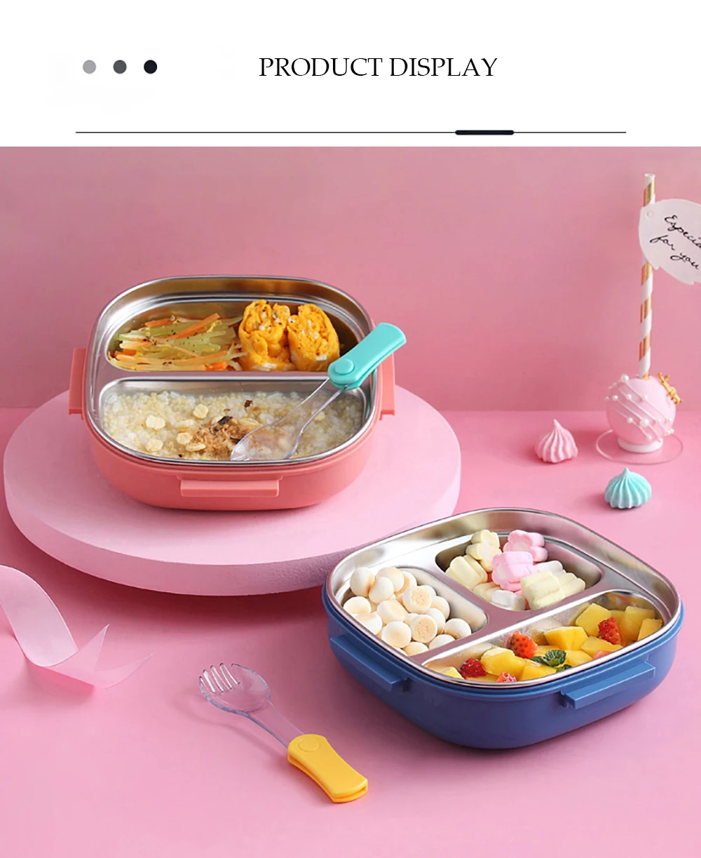 LUNCH BOX - BOITE A REPAS,Pink 3 Grids--boîte à déjeuner en acier ...