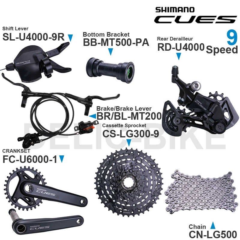 SHIMANO-CUES U4000 Groupset, SL-U4000-9R, RD-U4000, FC-U6000-1, CS-LG300, CN-LG500, MT200, BB ...