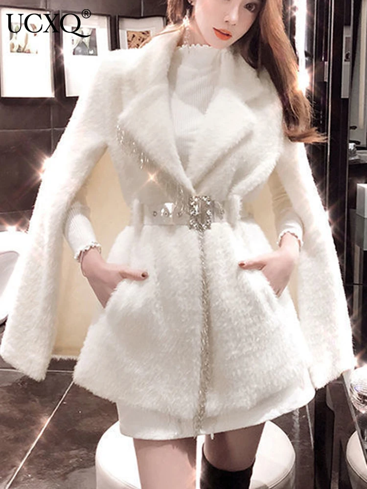 UCXQ-Women-Cloak-Coats-Elegant-Diamond-Patchwork-White-Wool-Blends ...