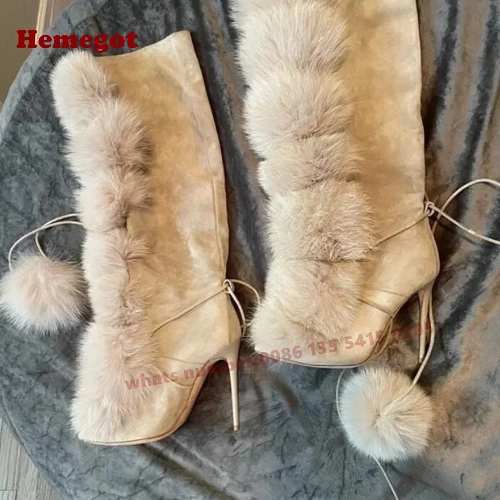 Fluffy Full Ball Knee High Boots Pointy Toe Stiletto Heels Women's ...