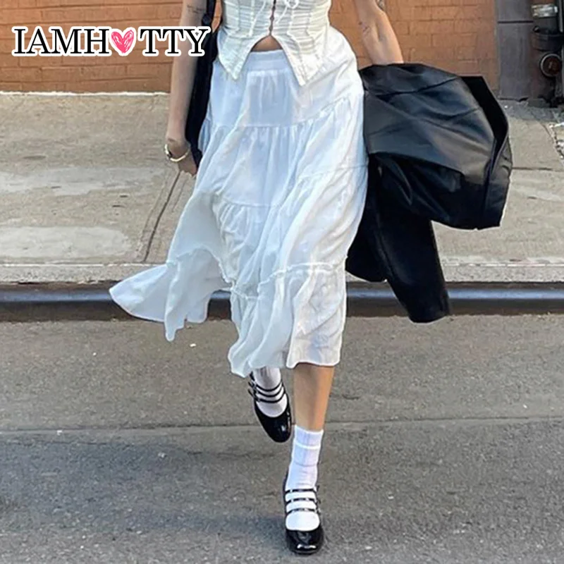 IAMHOTTY Chic and Elegant White Long Skirt Fairycore Aesthetic Elastic ...