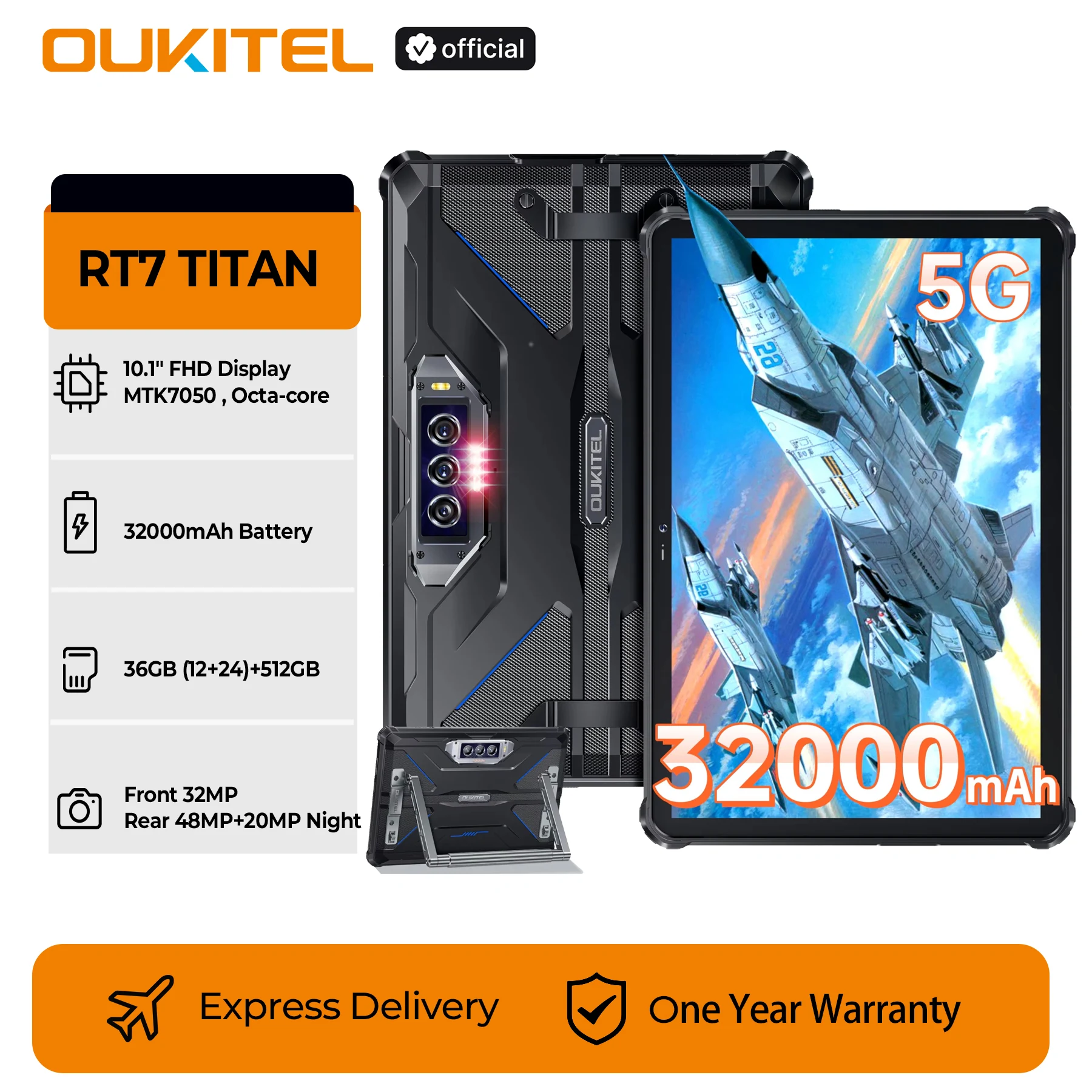 OUKITEL RT7 TITAN 5G 32000mAh Rugged Tablet, 10.1" FHD+ MTK 7050, 36GB ...