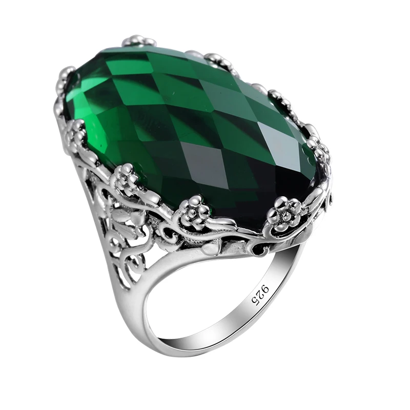 Green Stone Crystal Ring Big Stone Flower Pattern Pure 925 Solid ...