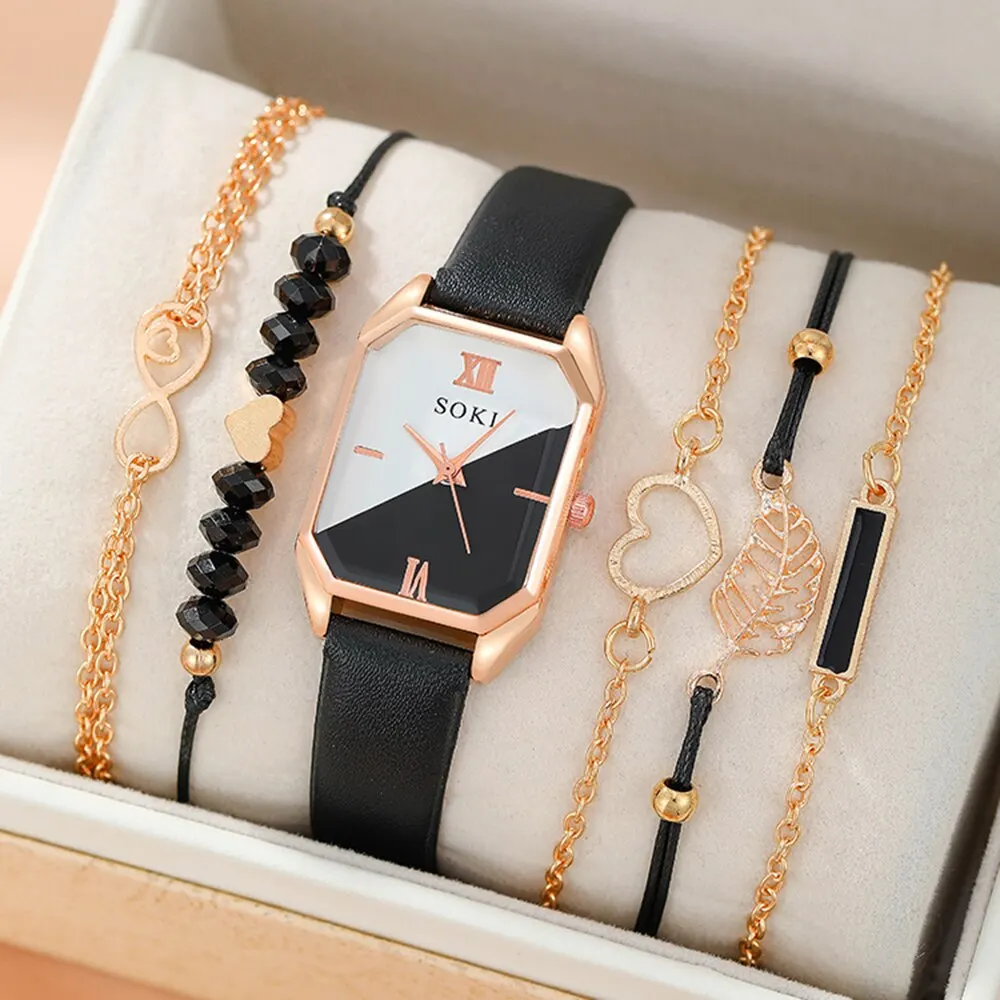 6pcs Square Quartz Watch Dainty Bracelets Set Women Black White Watch ...